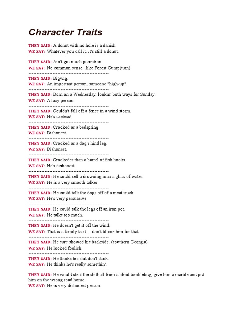 Slang Vocabulary - Character Traits | PDF