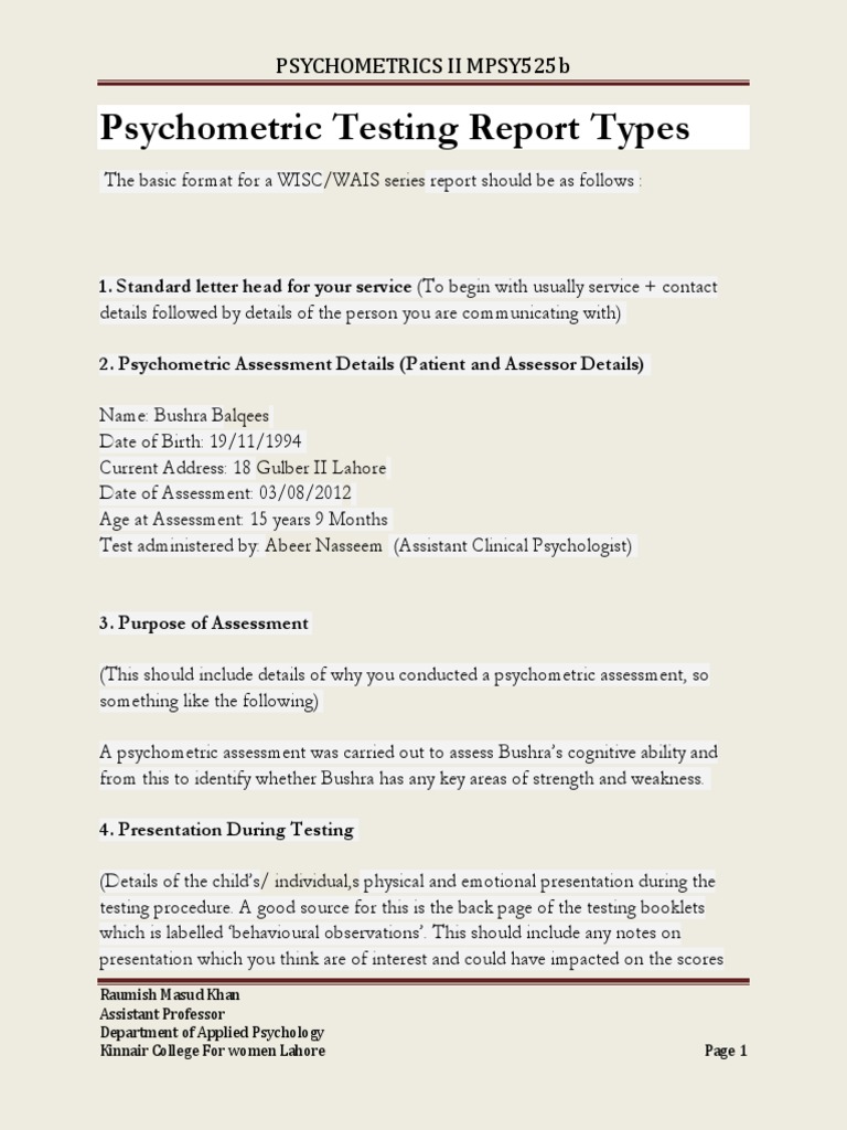 Psychometric Testing Report of WAIS | PDF | Wechsler Adult Intelligence ...