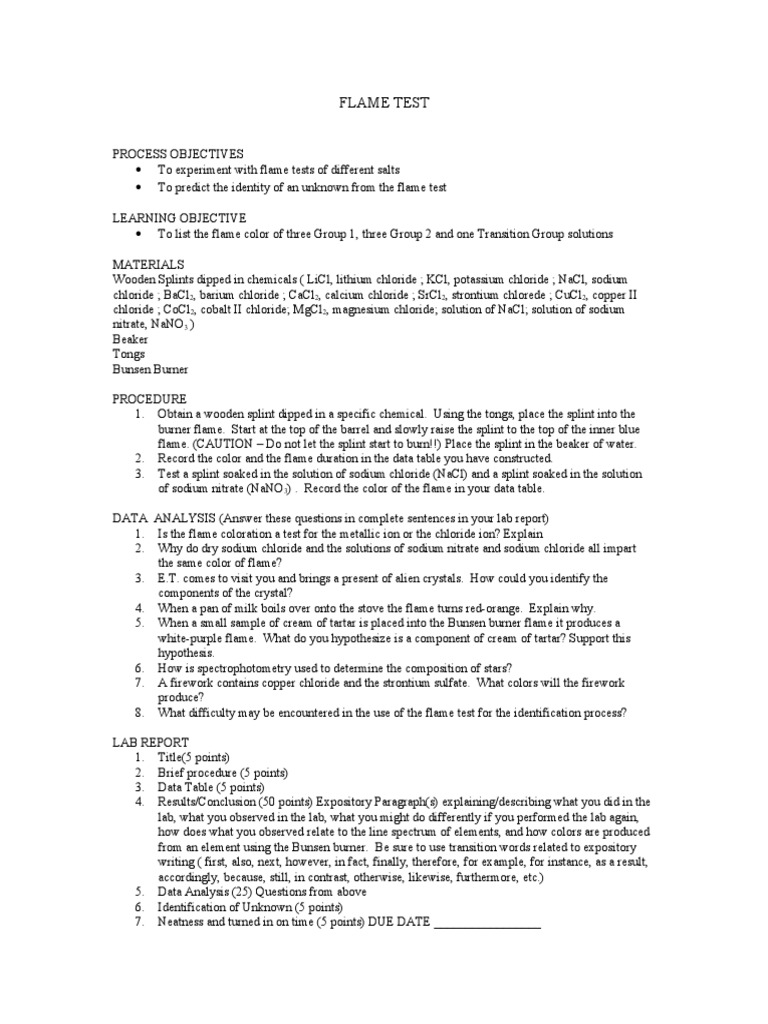 Flame Test | PDF | Solid State Chemistry | Chemical Compounds