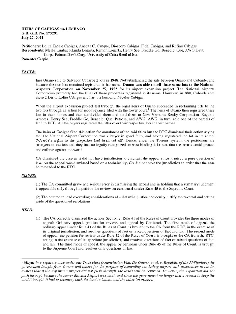 Cabigas Heirs vs. Limbaco Case Summary | PDF | Appeal | Certiorari