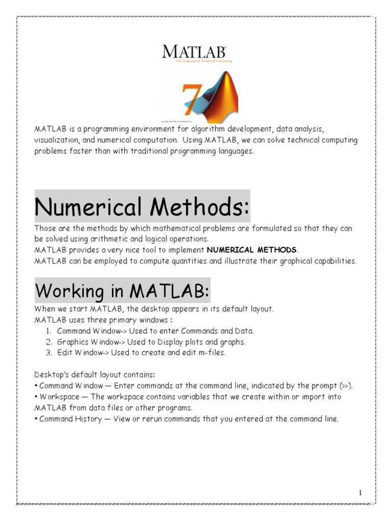 MATLAB MATLAB Lab Manual Numerical Methods and Matlab | PDF | Matlab | Matrix (Mathematics)