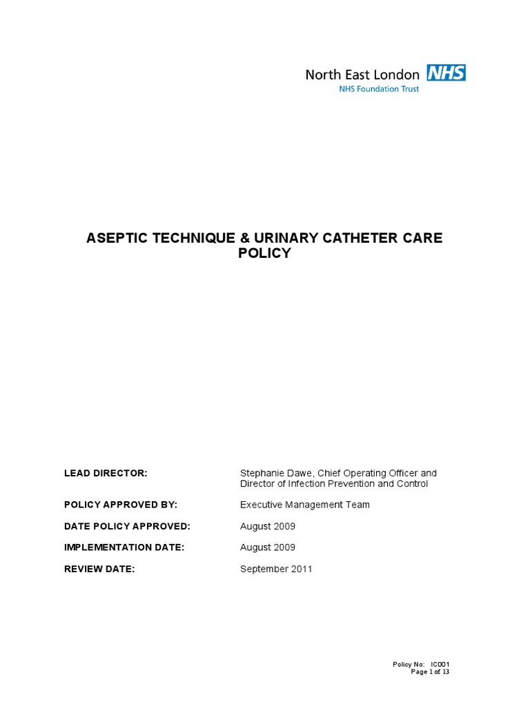Aseptic Technique Urinary Catheter Care Policy IC001 | PDF | Catheter ...