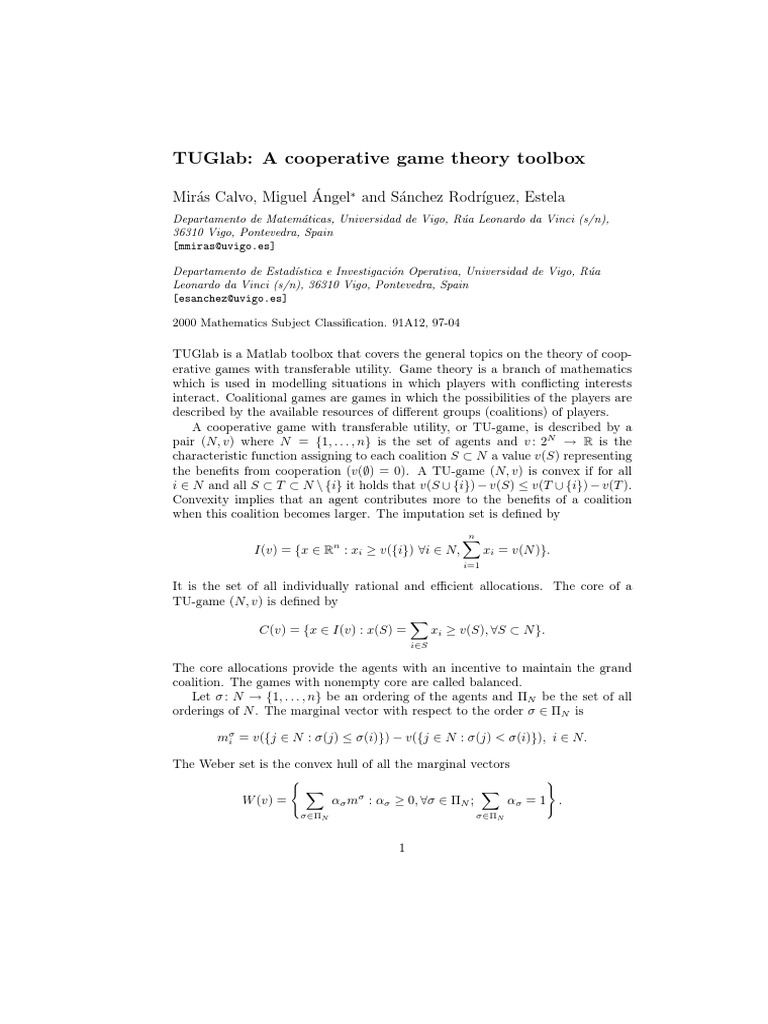 Tuglab: A Cooperative Game Theory Toolbox: Mir As Calvo, Miguel Angel and S Anchez Rodr Iguez ...