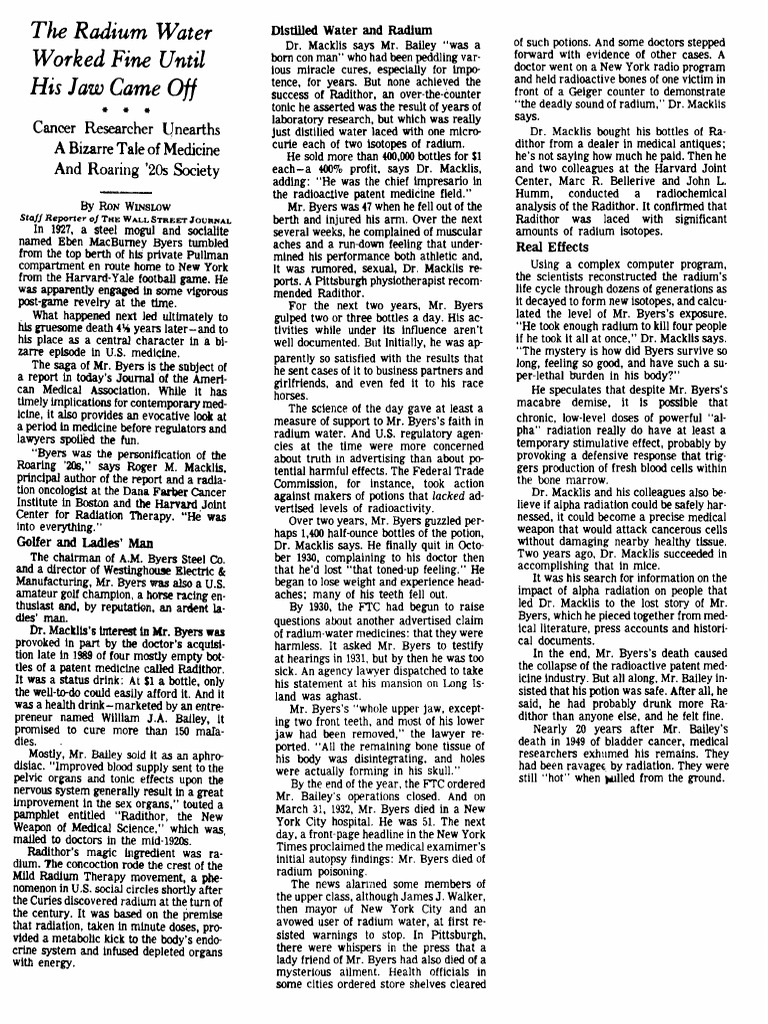 The Radium Water Worked Fine Until His Jaw Fell Off | PDF | Radiation ...