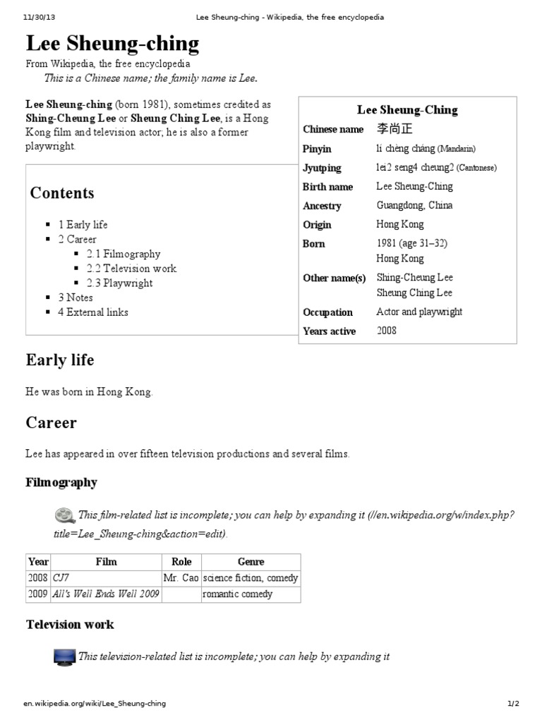Lee Sheung Ching | PDF | Wikipedia | Hong Kong