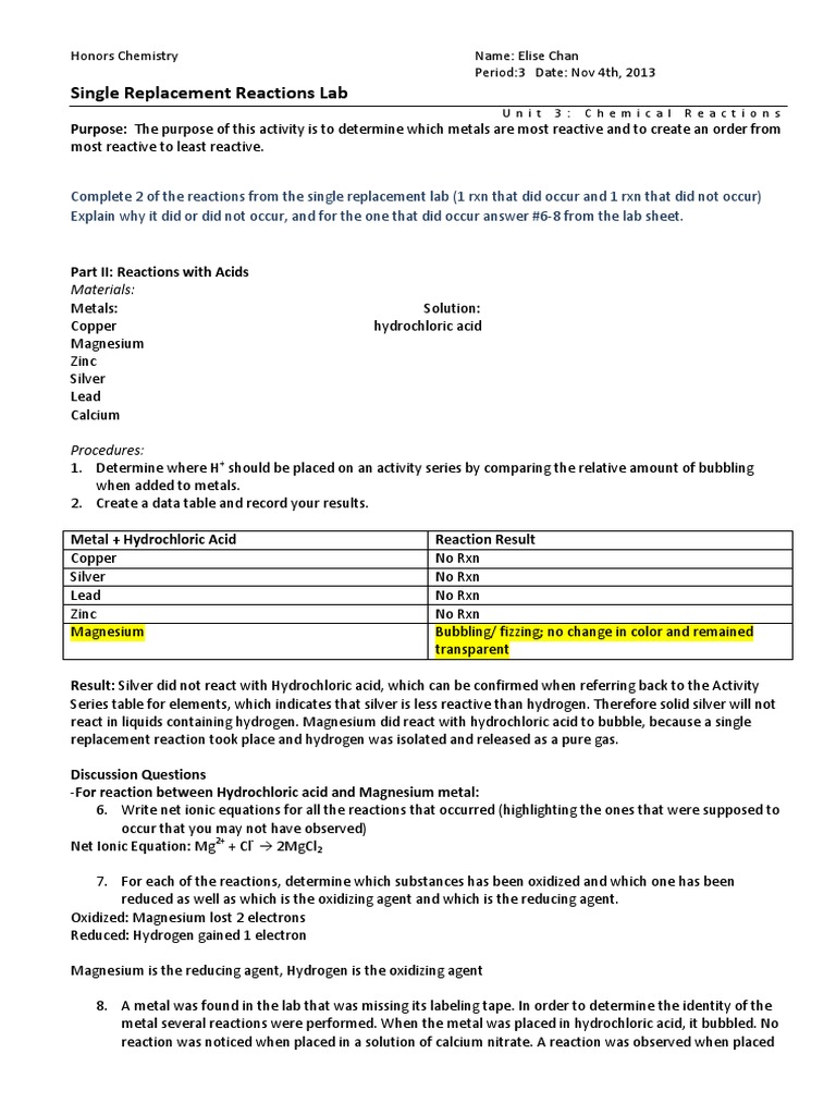 Single Replacement Reactions Lab Report | PDF | Redox | Magnesium