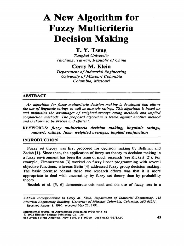 A New Algorithm For Fuzzy Multicriteria Decision Making T Y Tseng Pdf Fuzzy Logic 