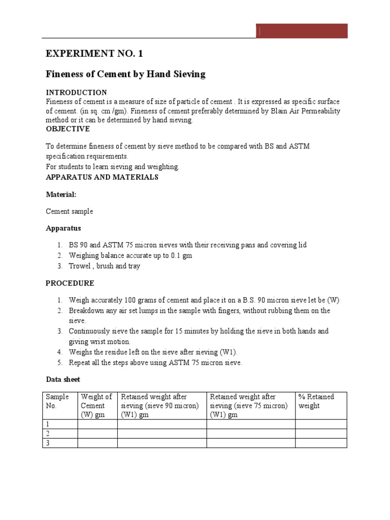 Experiment No. 1 Fineness of Cement by Hand Sieving | PDF | Density ...