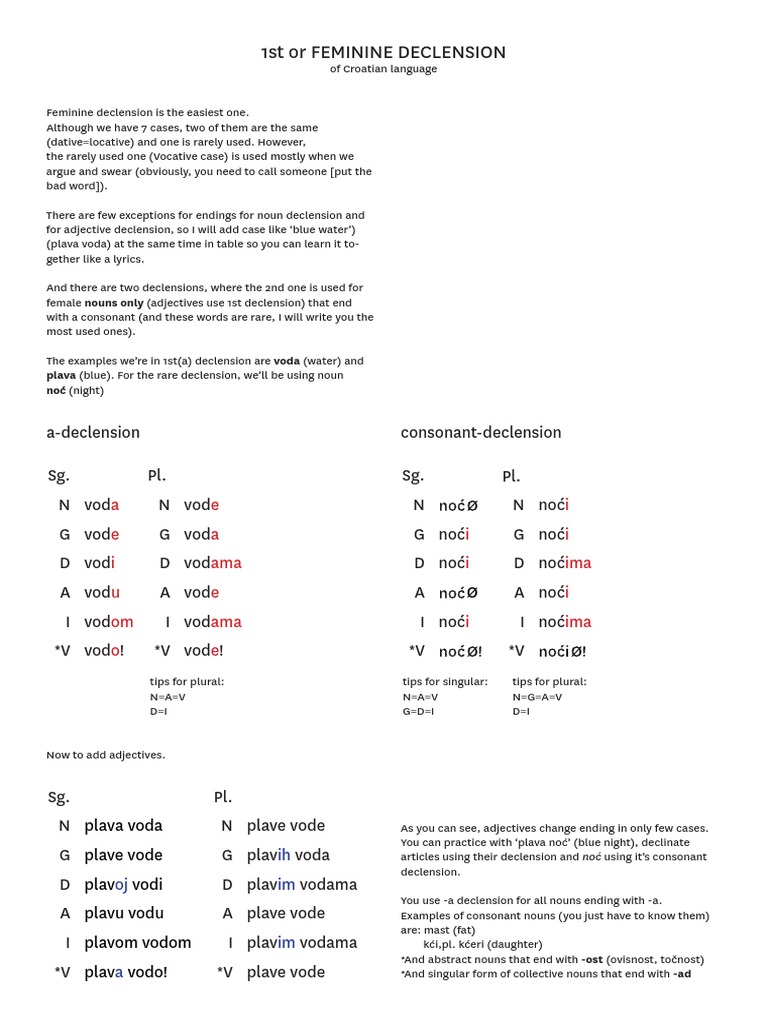 1st or Feminine Declension Croatian Language | PDF