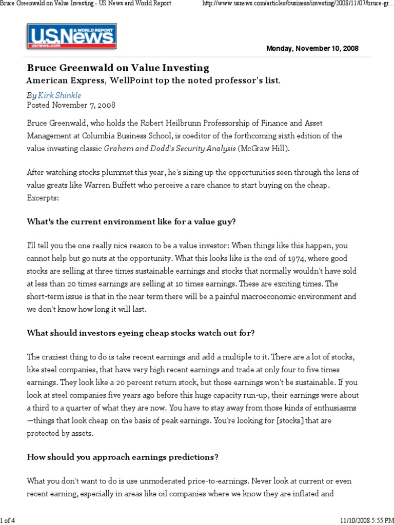 Bruce Greenwald On Value Investing - US News - 11-7-2008 | PDF | Value ...