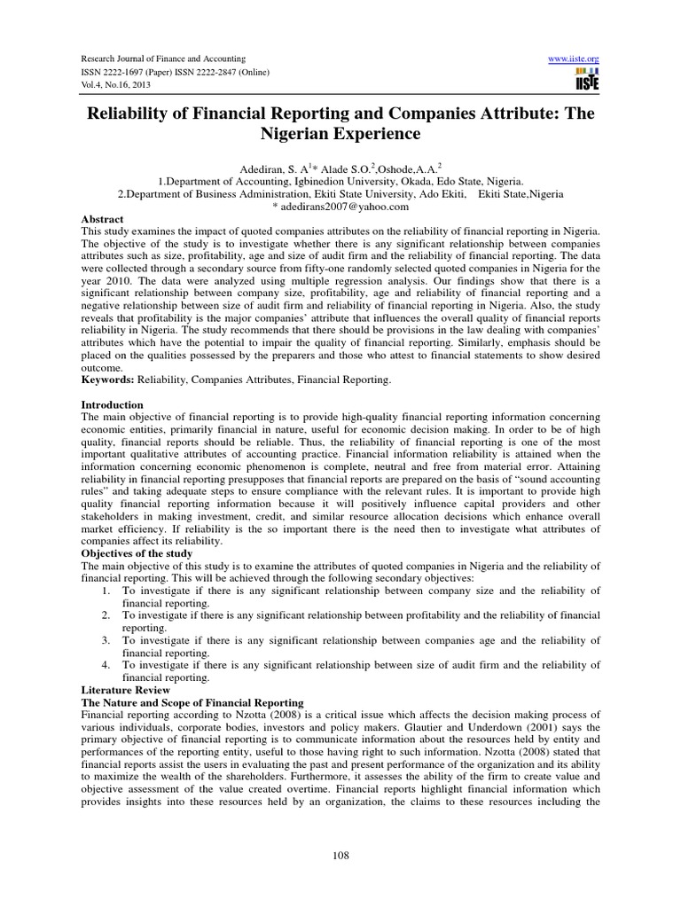 Reliability of Financial Reporting and Companies Attribute | Download ...