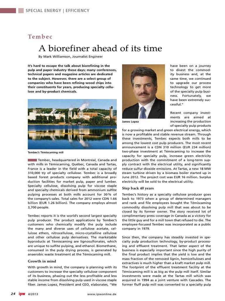 Tembec Biorefinery Ipw Final PDF | PDF | Pulp (Paper) | Lignin