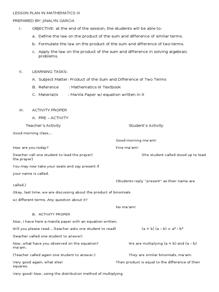 Lesson Plan in Mathematics III | PDF
