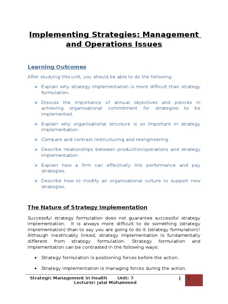 Implementing Strategies Management And Operations Issues Pdf Strategic Management Incentive