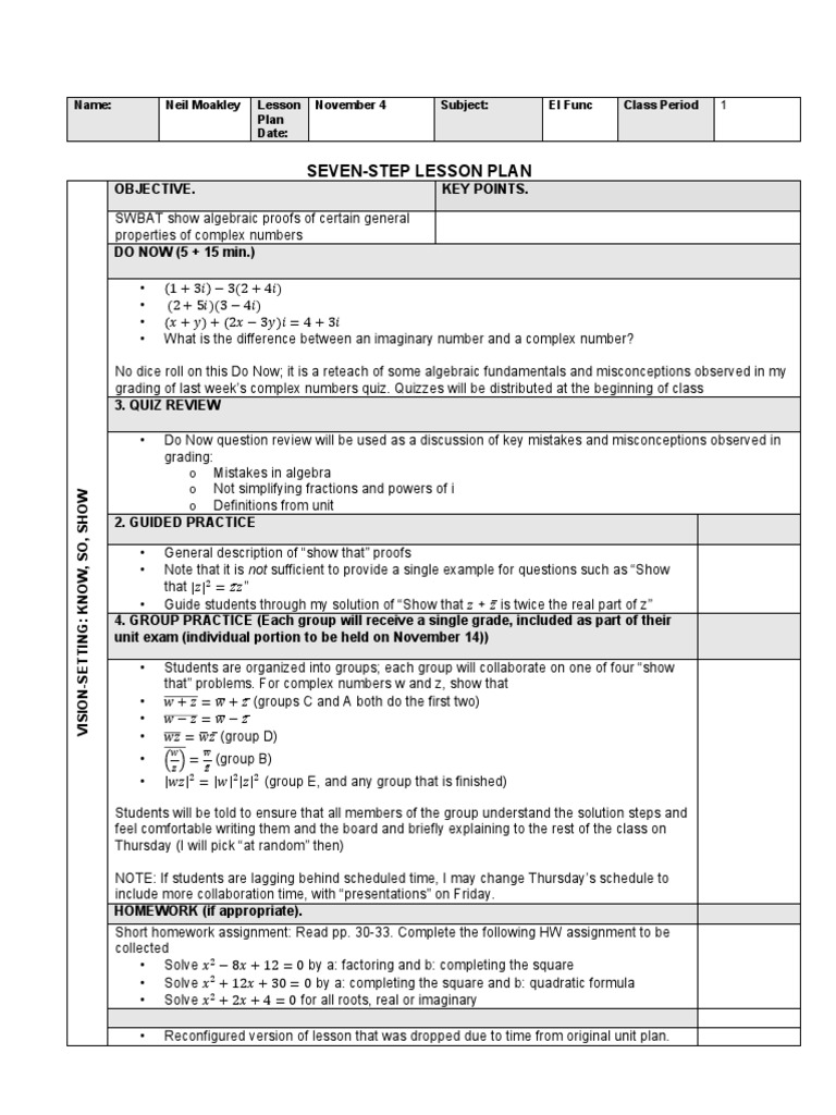 Complex Numbers Lesson Plan | PDF