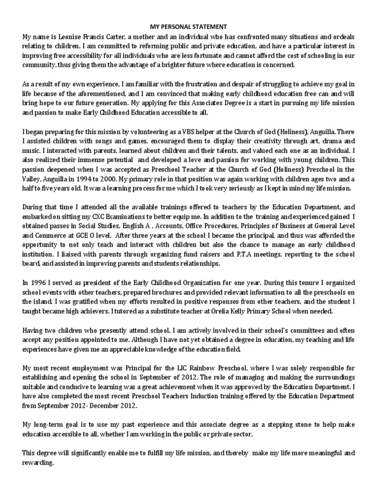 Leonise Francis Carter - Personal Statement 3 | PDF | Preschool | Teachers