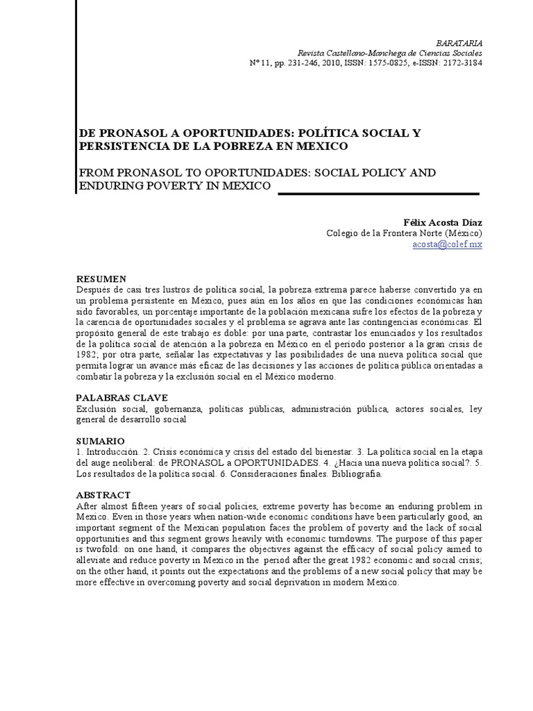 De PRONASOL a OPORTUNIDADES en México | PDF | Pobreza | Pobreza e ...