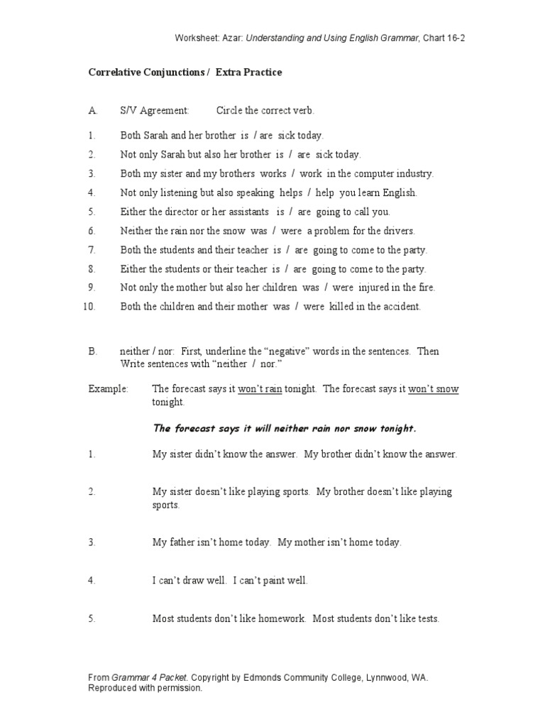 Correlative Conjunctions / Extra Practice: Worksheet: Azar ...