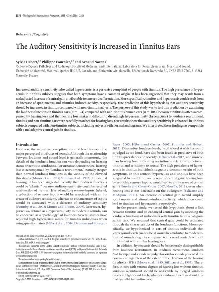 The Auditory Sensitivity Is Increased in Tinnitus Ears: Behavioral ...