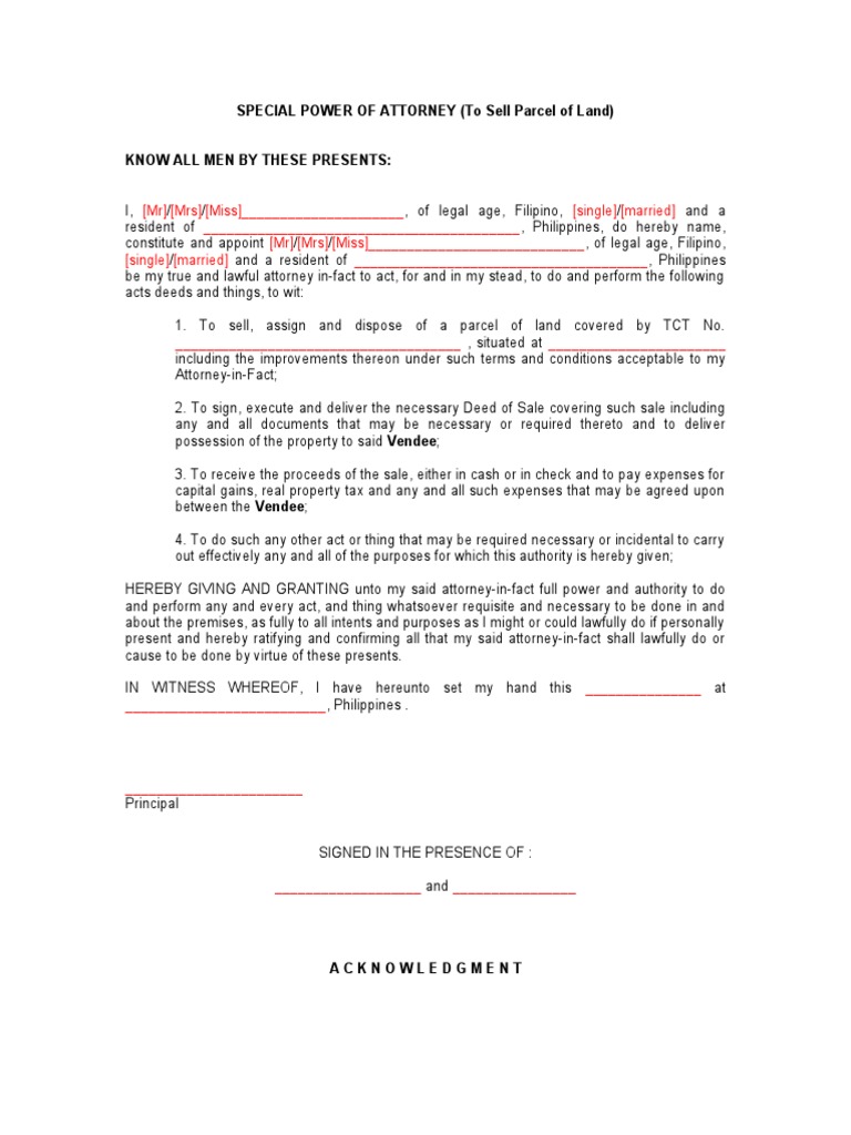 Special Power of Attorney for Land Sale | PDF | Finance & Money ...