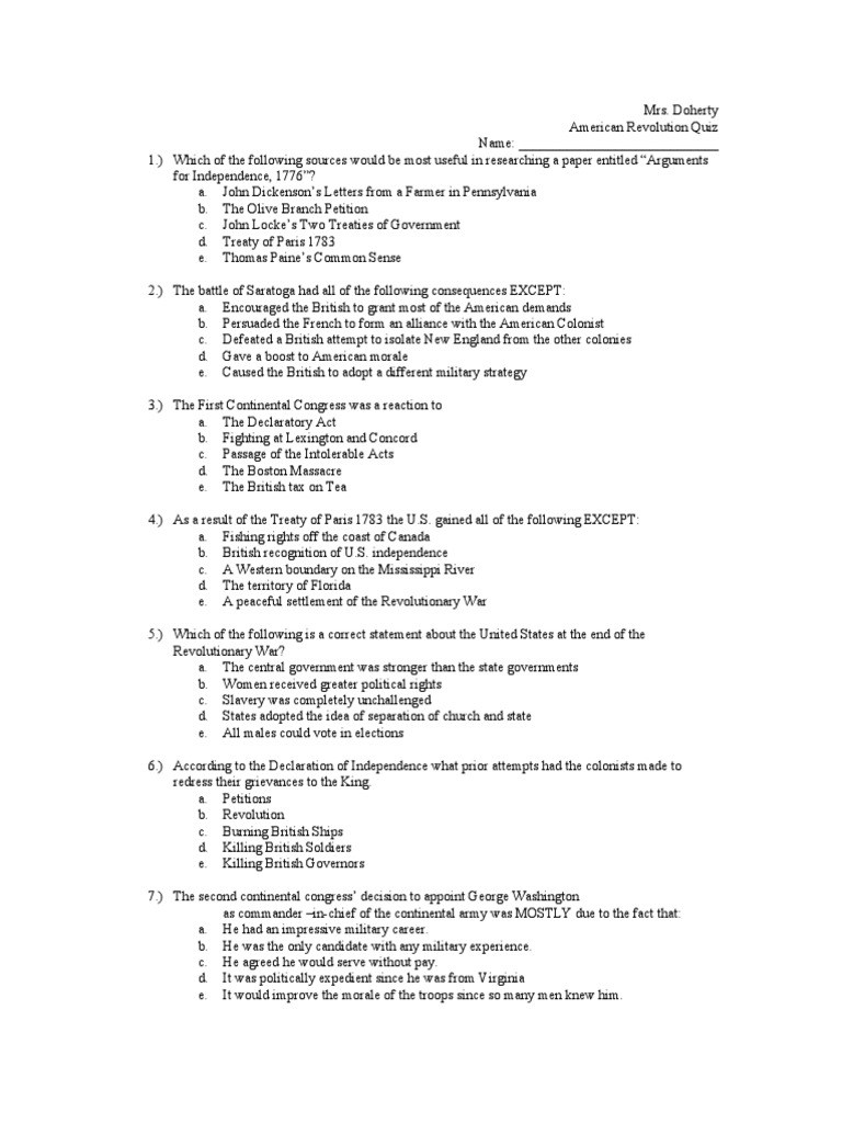 American Revolution Quiz Questions | PDF | Superpowers | Revolutions