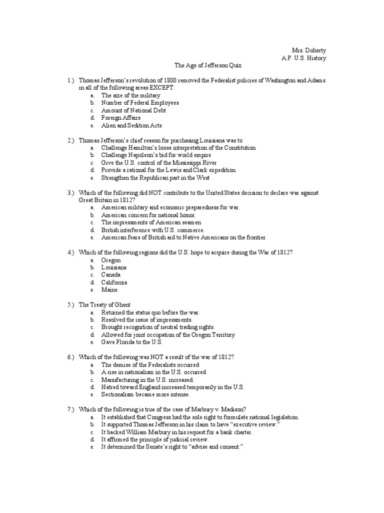 The Age of Jefferson Quiz | PDF