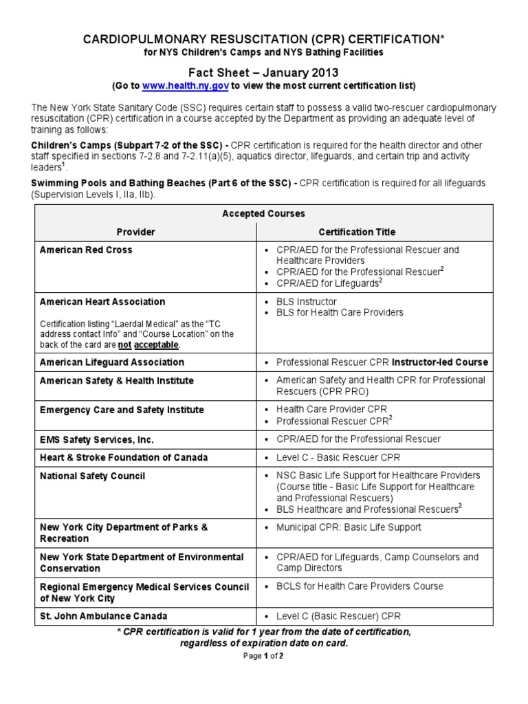 Cardiopulmonary Resuscitation (CPR) Certification Fact Sheet - January ...