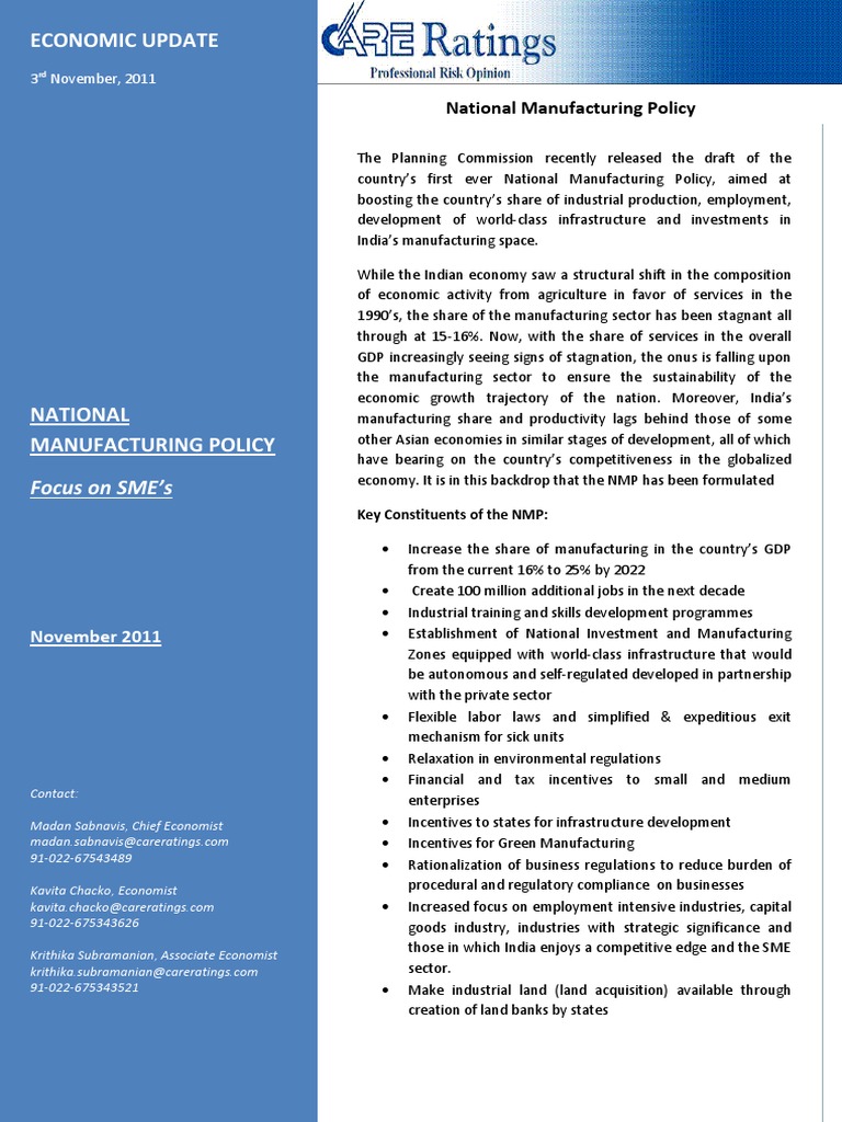 National Manufacturing Policy CARE 041111 | PDF | Economic Growth ...
