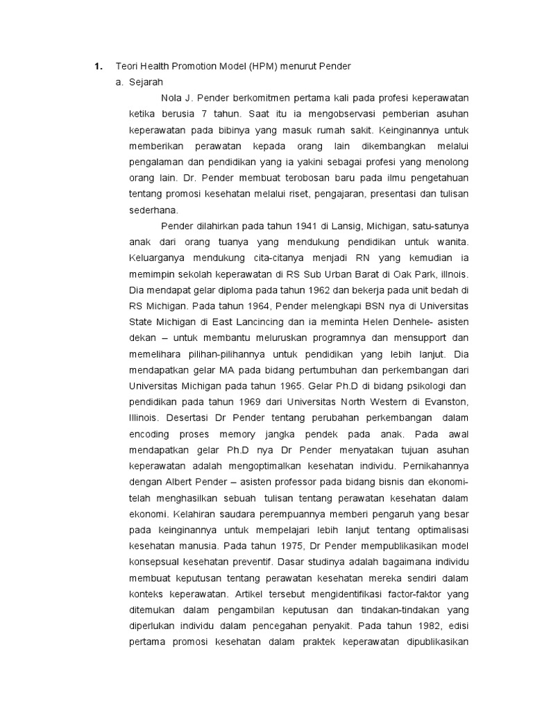 Teori Health Promotion Model Pender | PDF