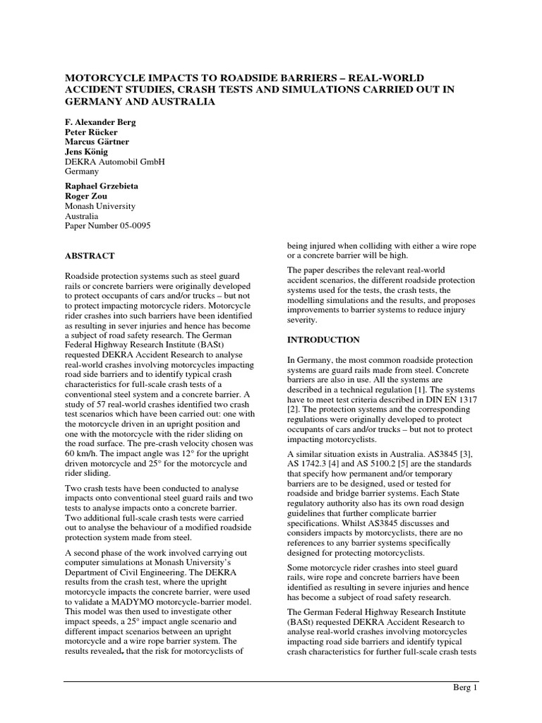 Germany and Australia - Motorcycle Impact To Roadside Barriers | PDF ...
