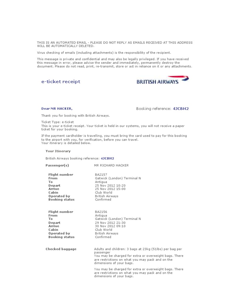 British Airways Ticket Sample