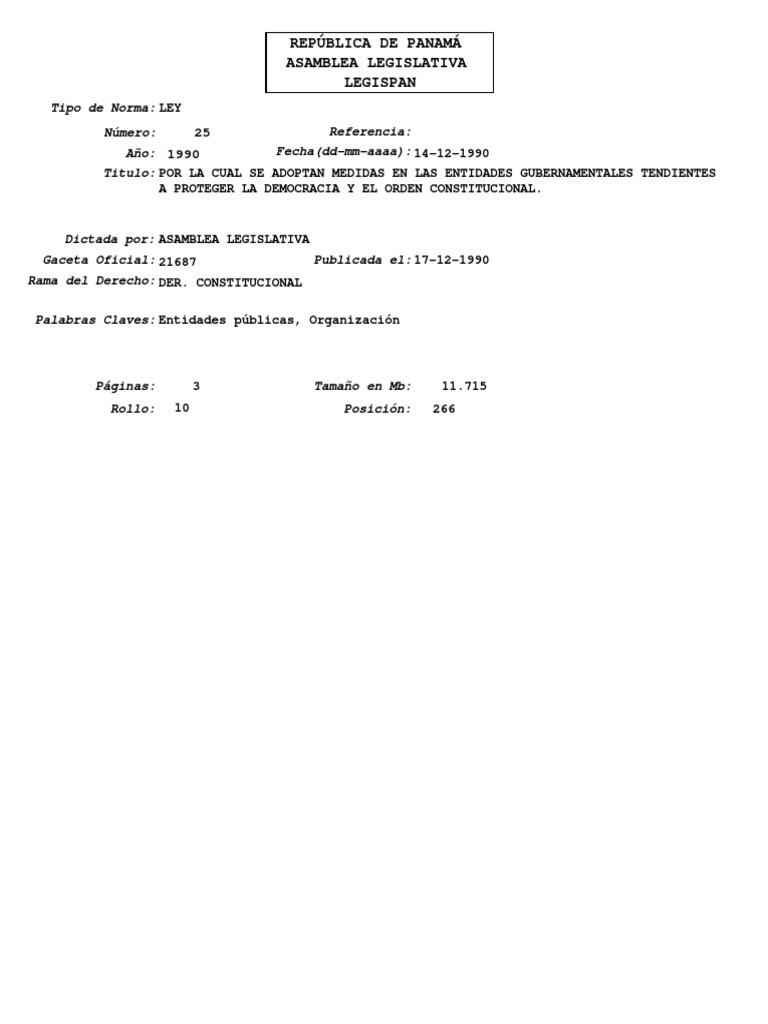 Ley #25 de 1990 - Proteger La Democracia | PDF | Democracia ...