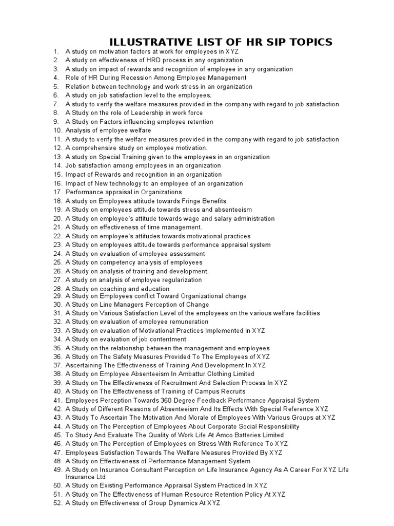 Illustrative List ILLUSTRATIVE LIST OF HR SIP TOPICS of HR Sip Topics | PDF | Employment ...