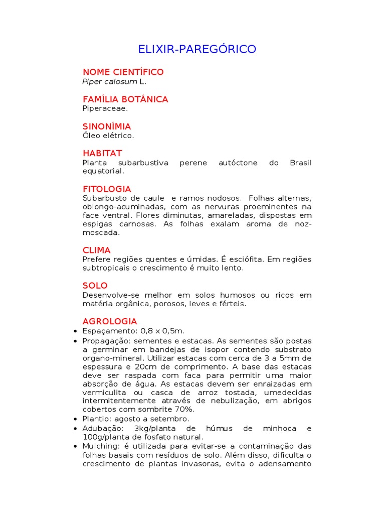 Elixir-Paregórico - Piper Calosum L. - Ervas Medicinais - Ficha ...