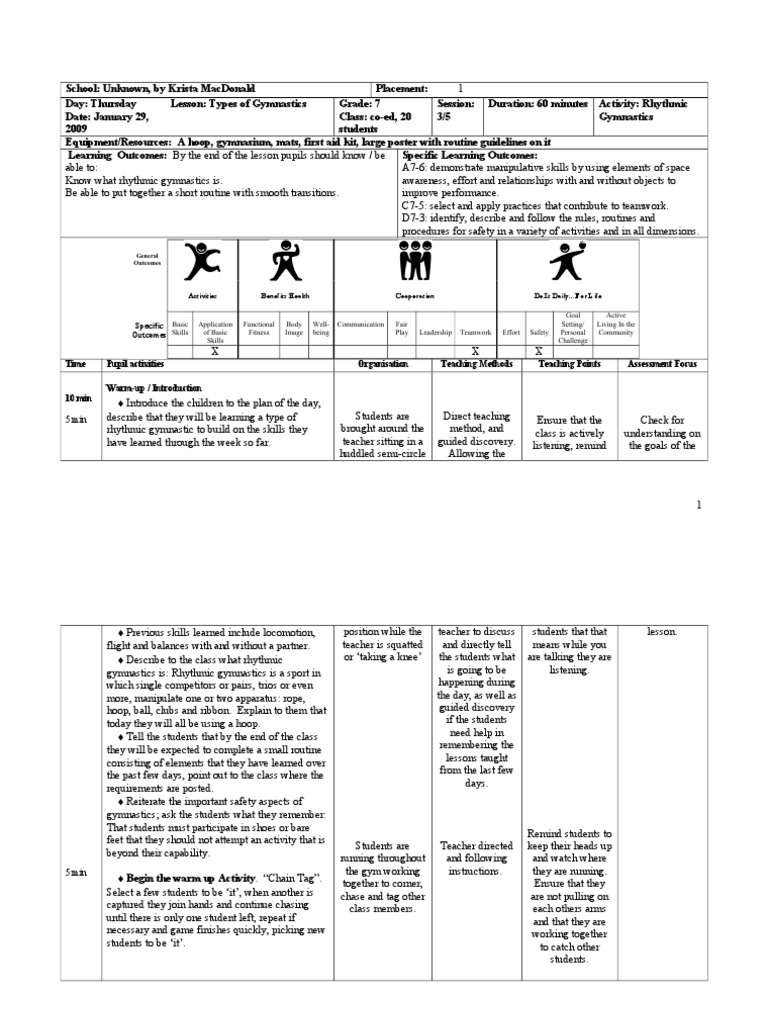 Gymnastics Lesson Plan | PDF | Gymnastics | Hearing Loss