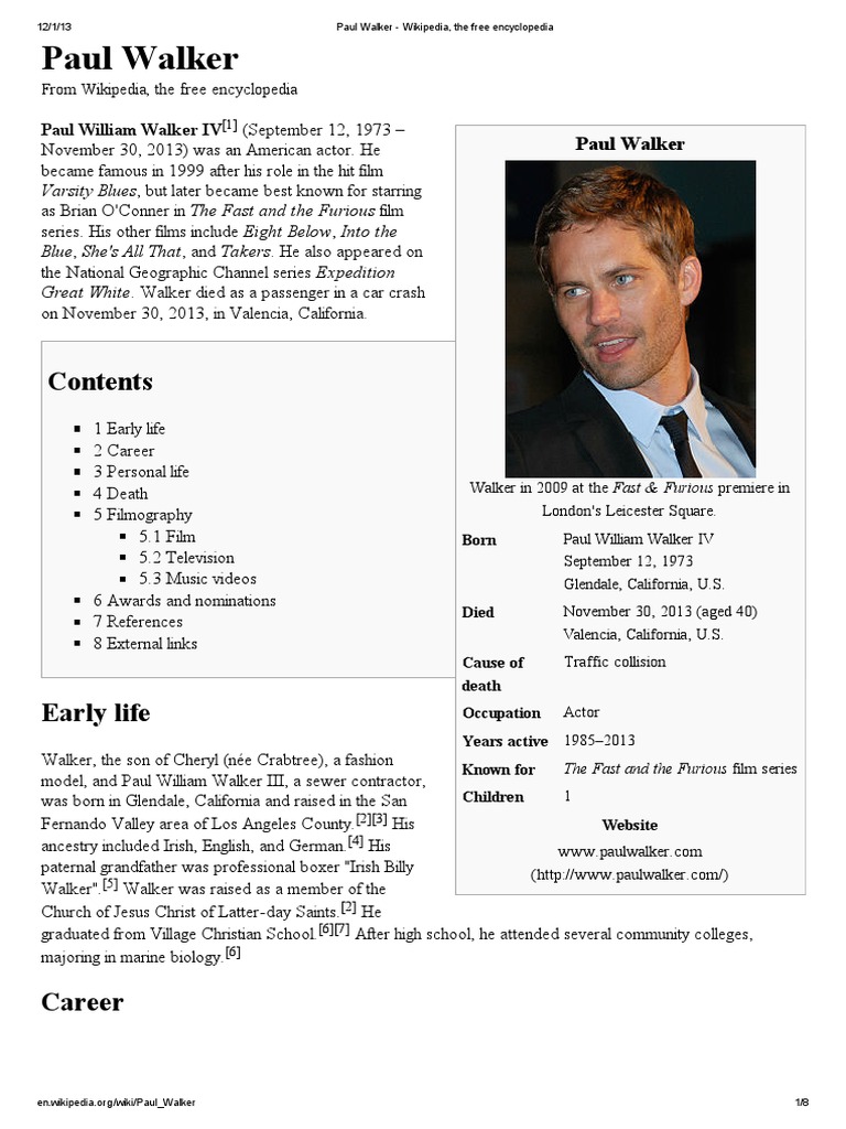 Paul Walker - Wikipedia, The Free Encyclopedia | PDF | Leisure