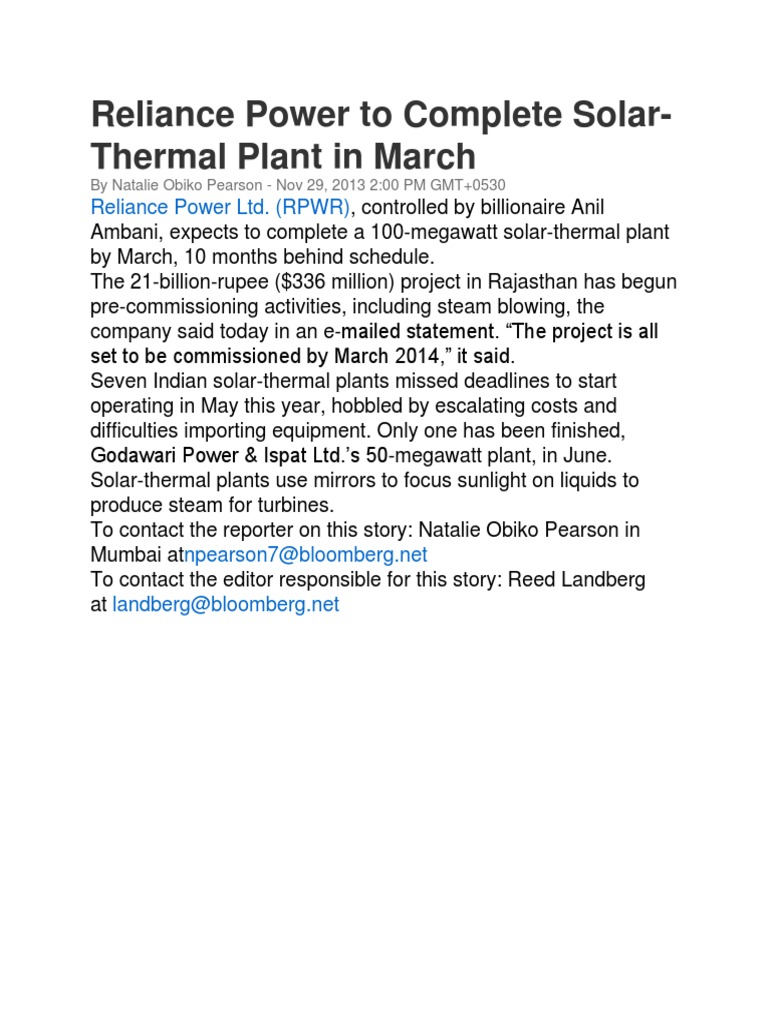 Reliance Power Solar-Thermal Plant Update | PDF