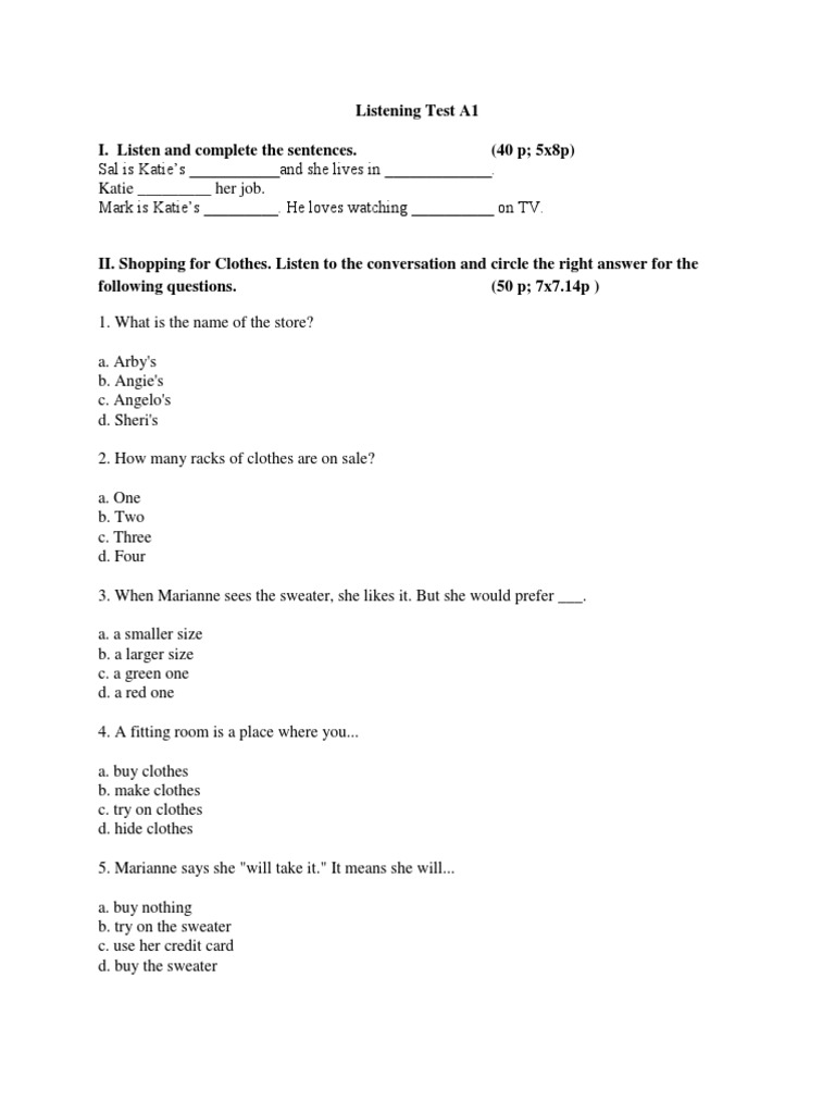 Listening Test A1 | PDF | Leisure