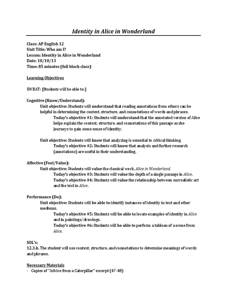 Alice in Wonderland Lesson Revised Discussion | PDF | Alice (Alice's ...