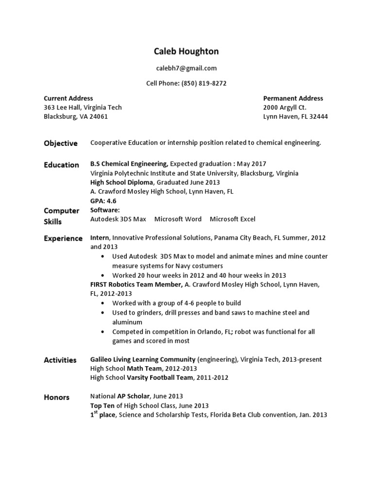 Chemical Engineering Internship Resume | PDF