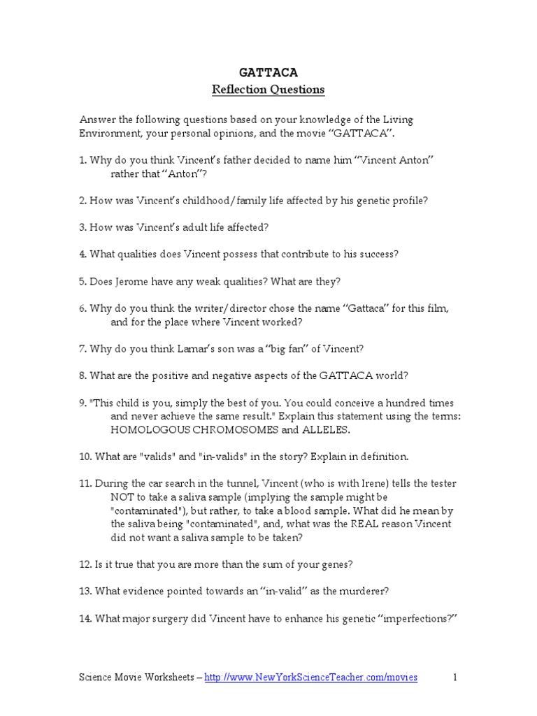 GATTACA Reflection Questions | PDF | Genetics | Biology