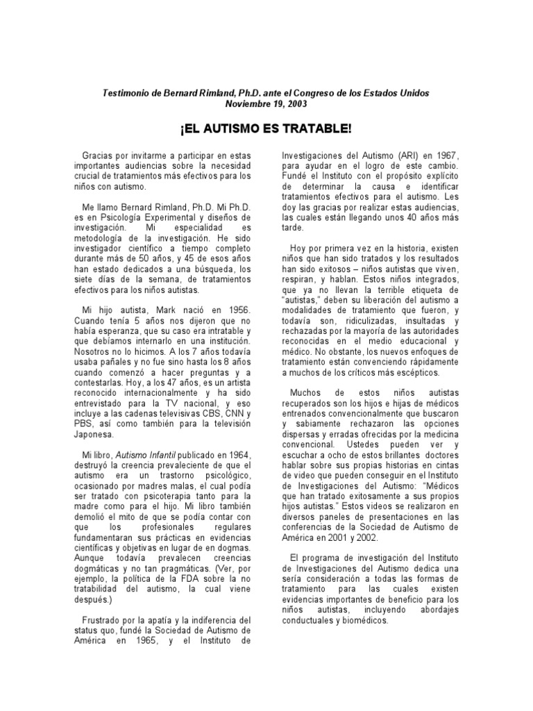 Rimland, Bernard. El Autismo Es Tratable. Testimonio | PDF | Autismo ...