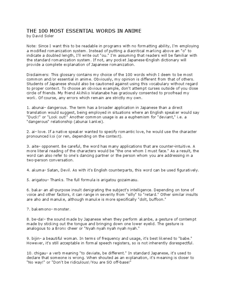 The 100 Most Essential Words in Anime | PDF | Japanese Language ...