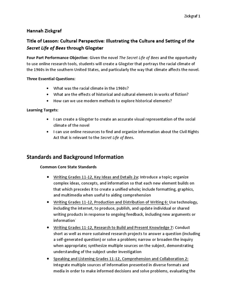 Cultural Setting in The Secret Life of Bees | PDF | Educational ...