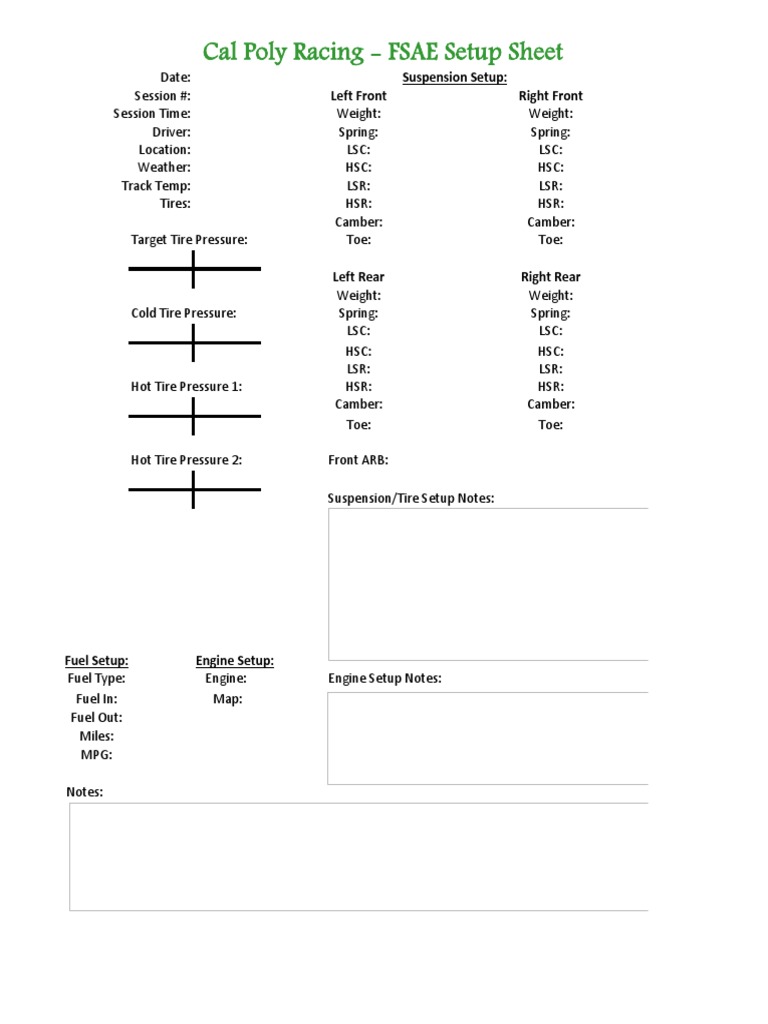 Cal Poly FSAE Race Car Setup Sheet | PDF | Motorsport | Automotive Industry