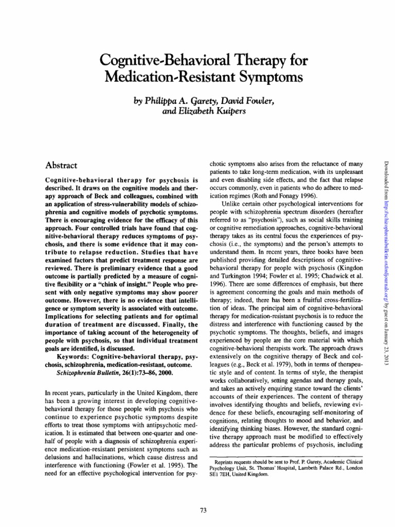Schizophr Bull 2000 Garety 73 86CBT | PDF | Psychosis | Cognitive ...