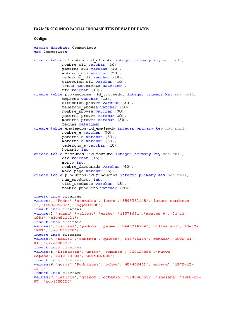 Examen Segundo Parcial Fundamentos de Base de Datos | PDF | Bases de ...