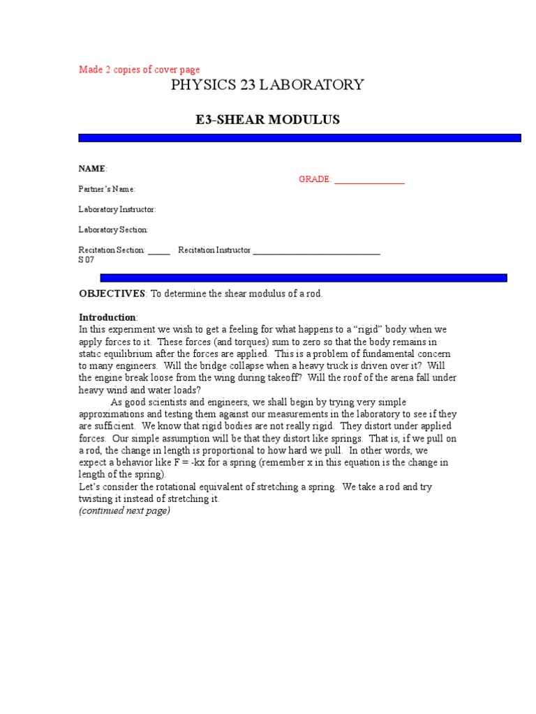 Physics 23 Laboratory: E3-Shear Modulus | PDF | Torque | Force