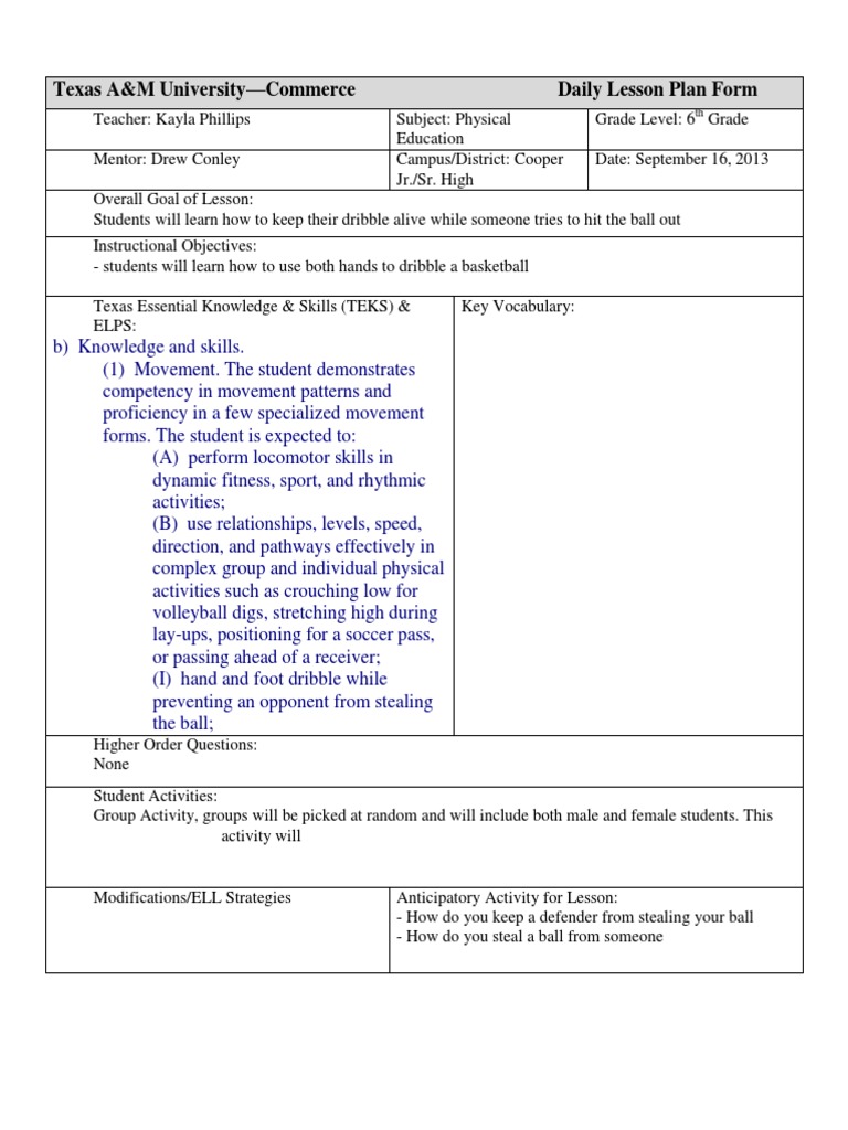 6th Grade Basketball Dribbling Lesson Plan | PDF