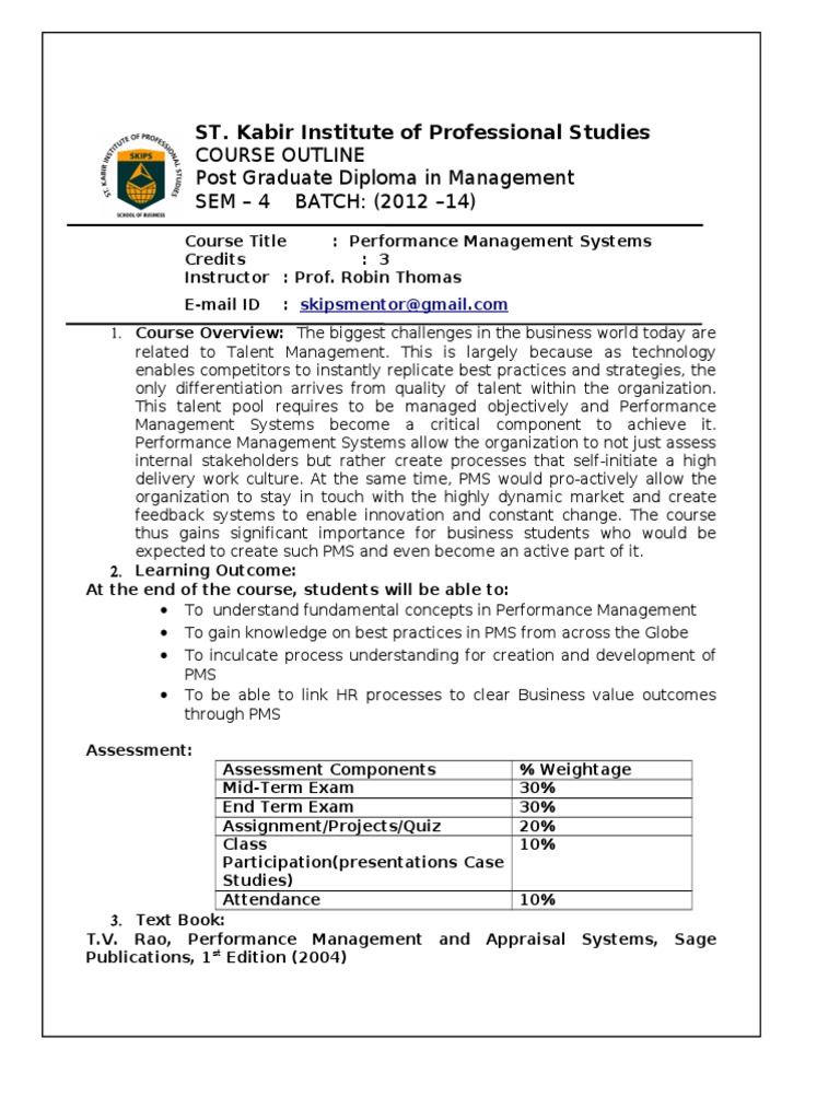 Course Outline Post Graduate Diploma in Management SEM - 4 BATCH: (2012 ...